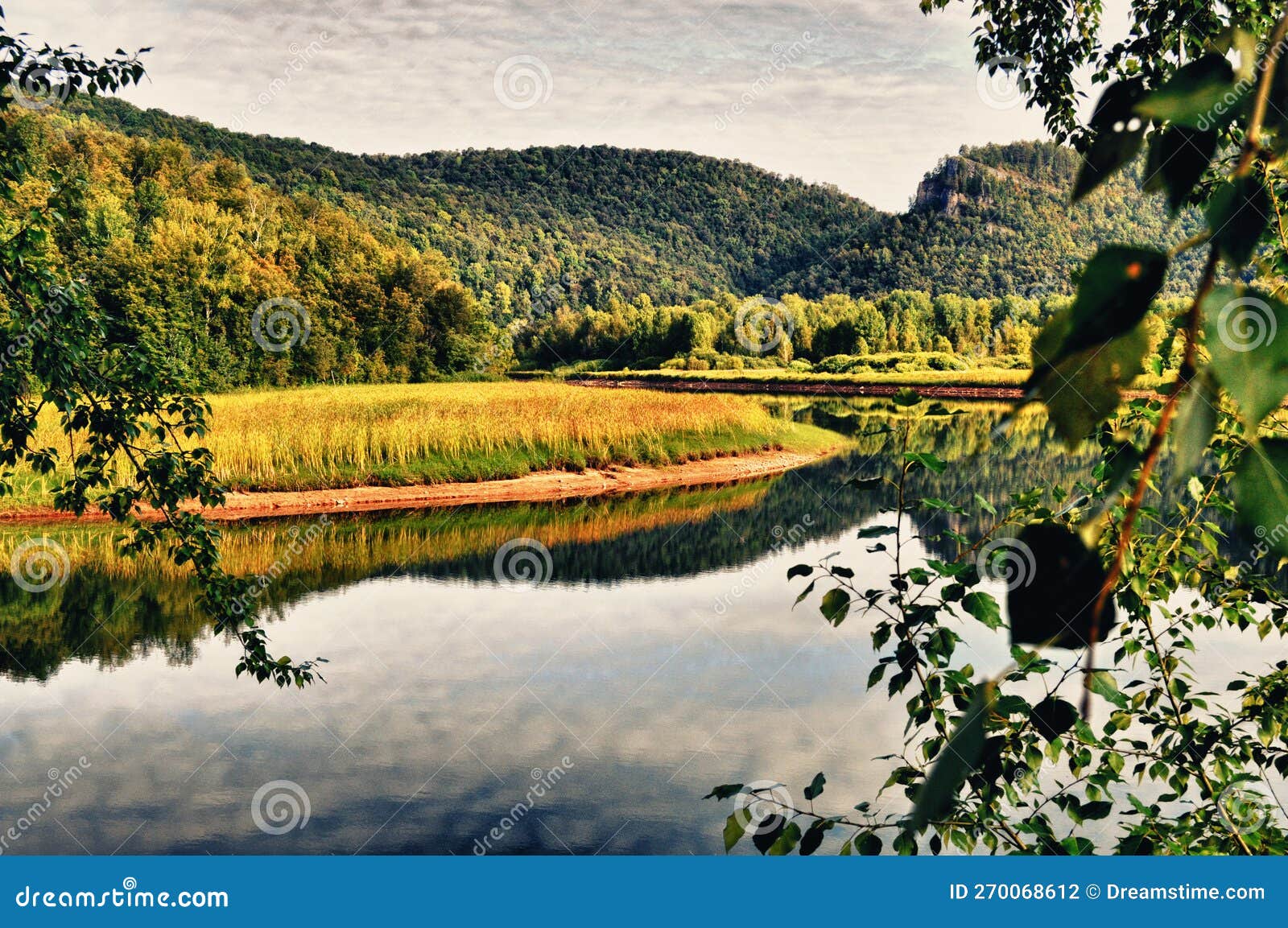 Quiet River Against the Backdrop of Mountains, Tree Branches in the ...
