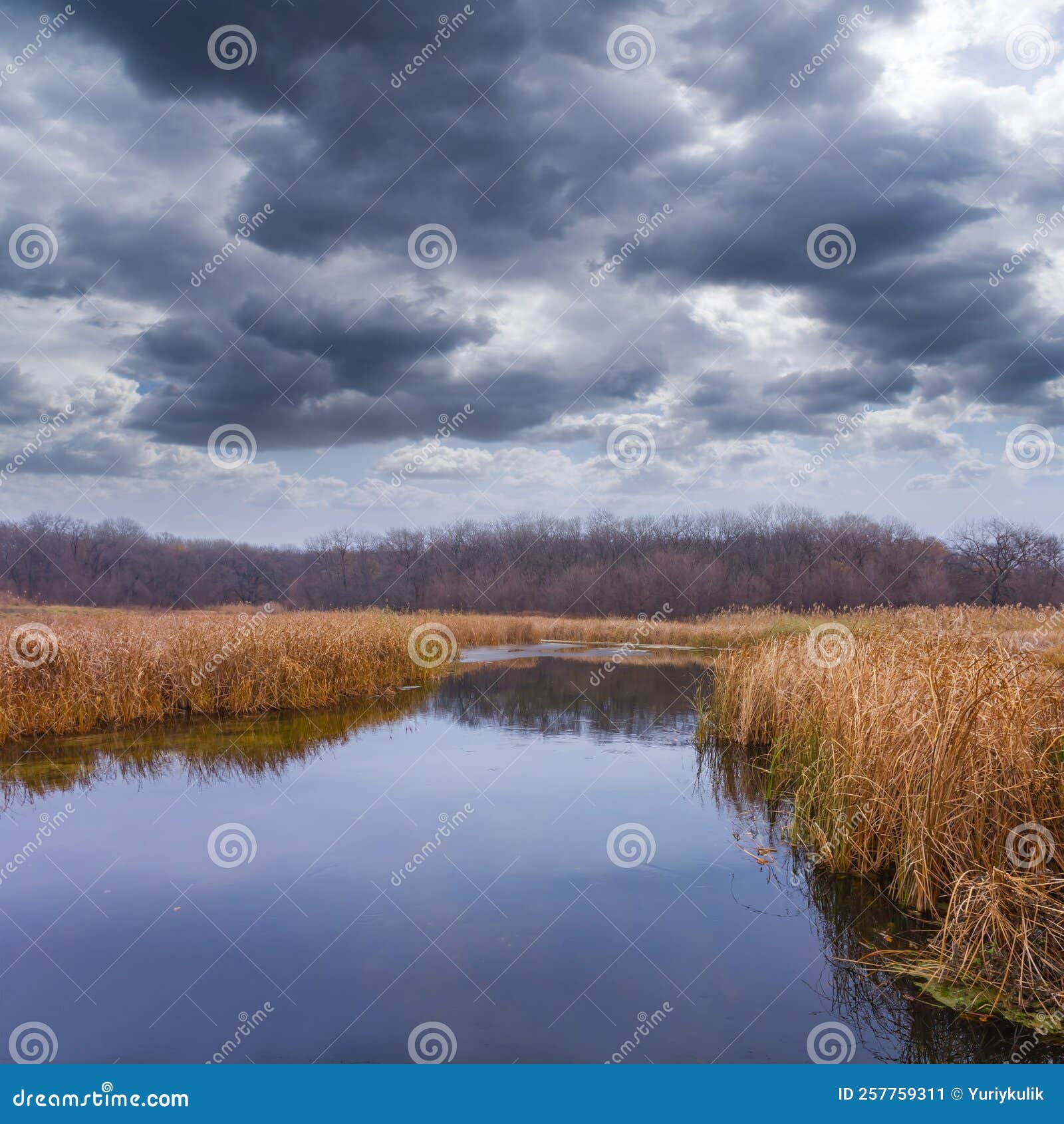 Quiet River Under Dark Dense Cloudy Sky Stock Image - Image of water ...