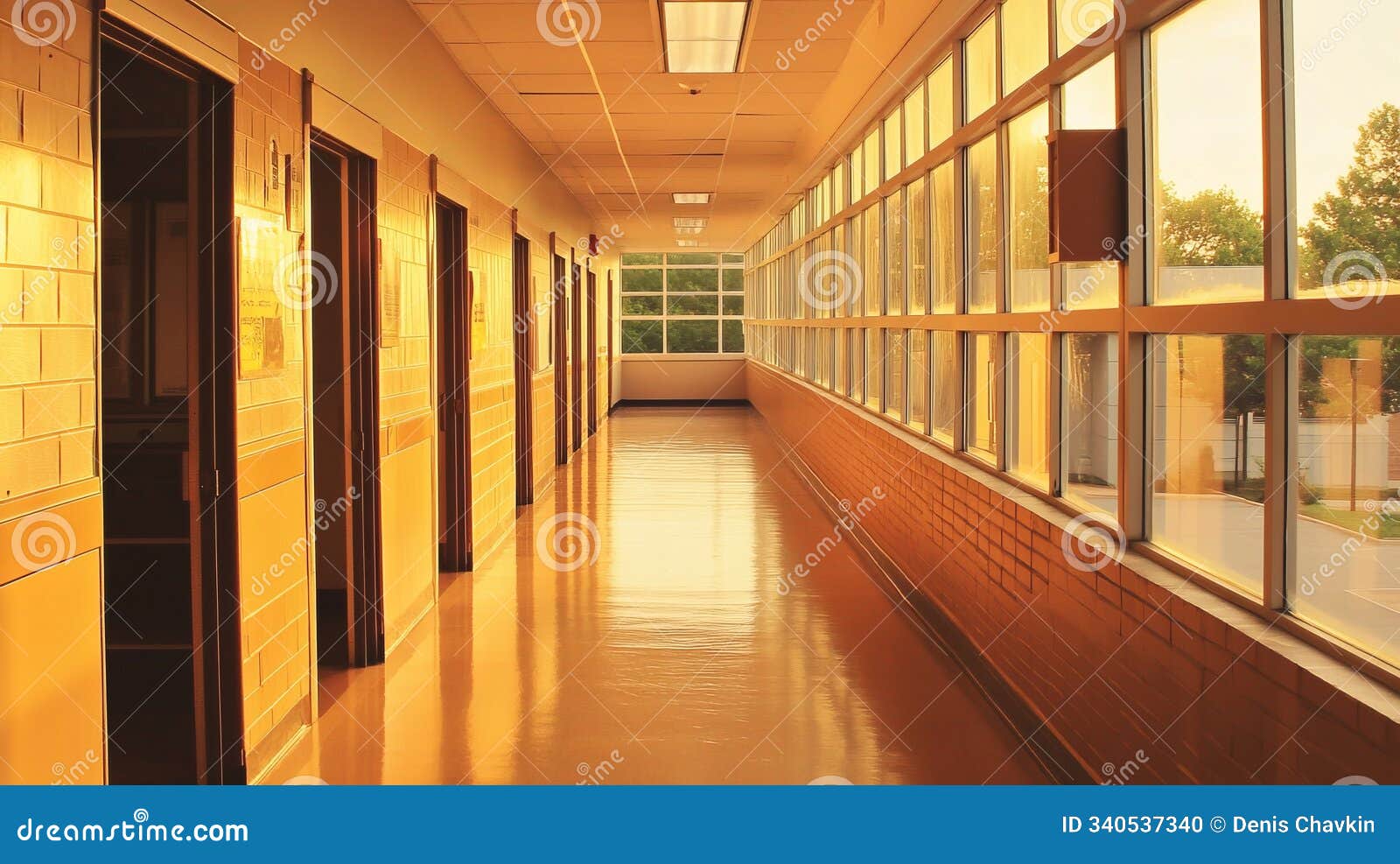 A Quiet School Corridor with a Few Classroom Doors on One Side and a ...
