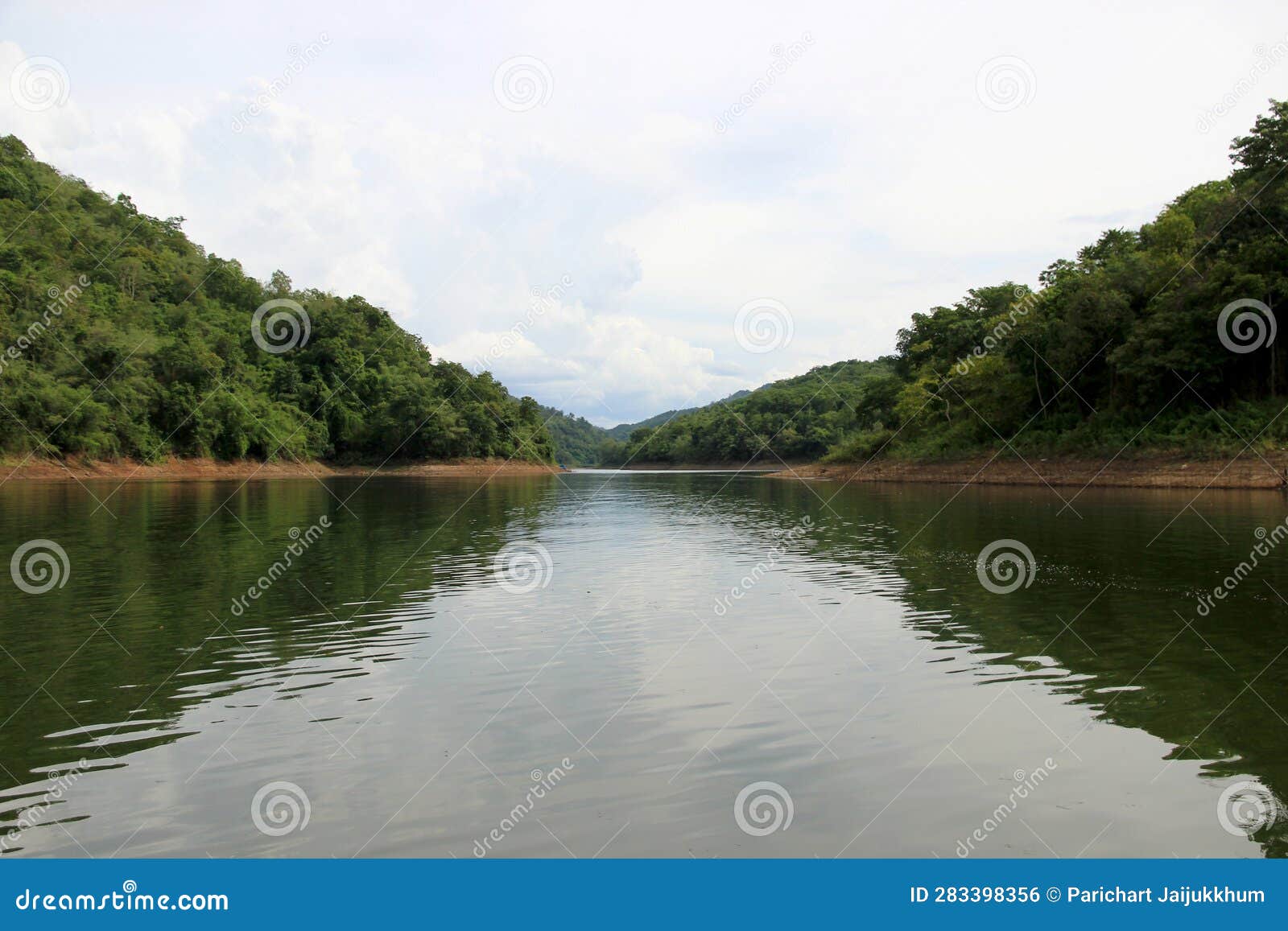Quiet Stream at a Lake. Lush Green Trees on Both Sides Stock Photo ...