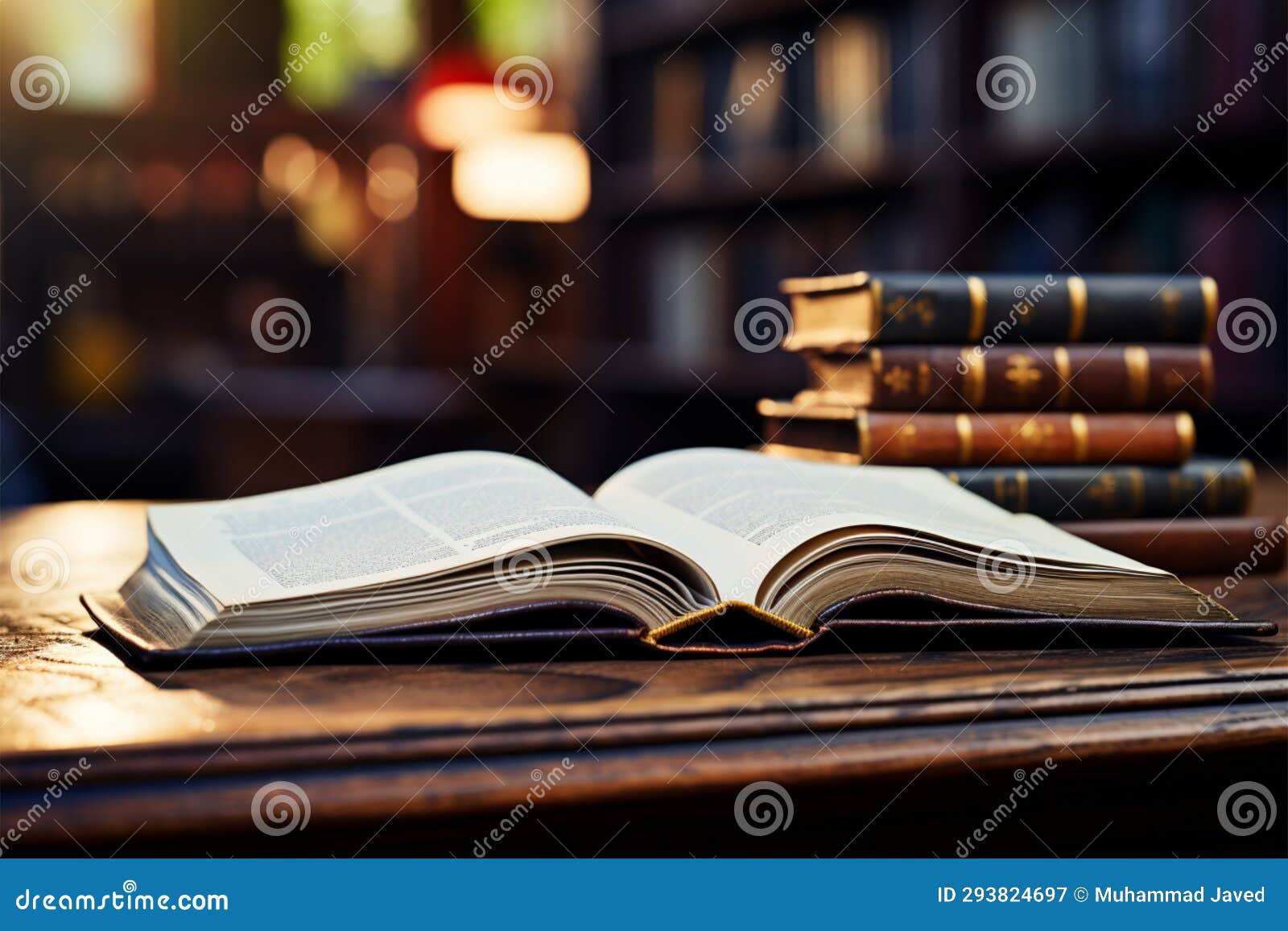 Quiet Study an Open Book Set on a Library Table Stock Illustration ...