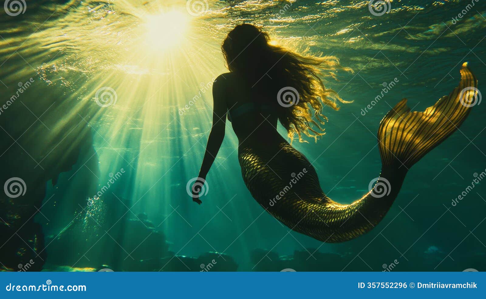 A Quiet Underwater Setting Where a Mermaid Flows with Poise. Stock ...