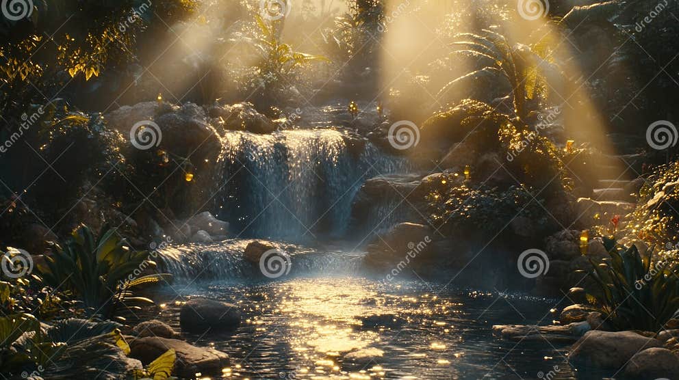 A Quiet Waterfall Streams through a Thick, Green Jungle Stock Image ...