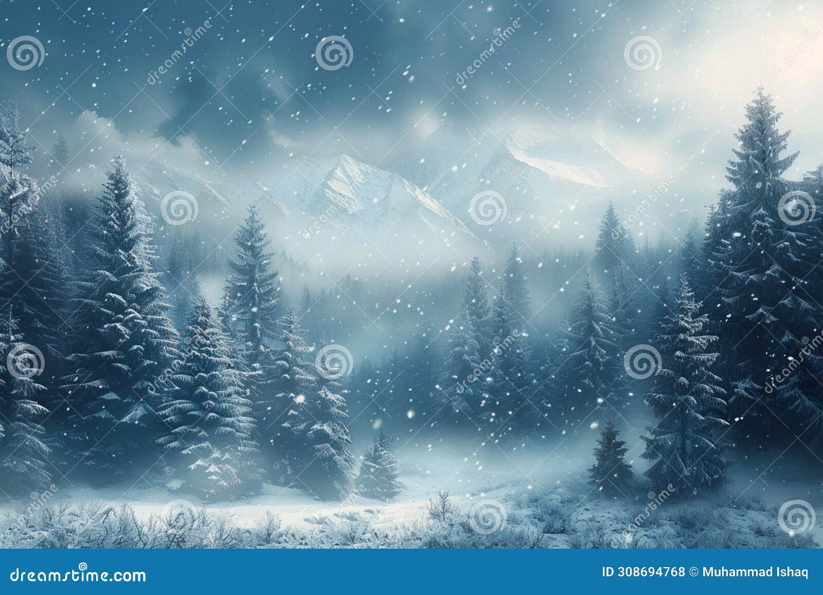Quiet Winter Scene Snowfall Over an Alpine Forest with Text Space Stock ...