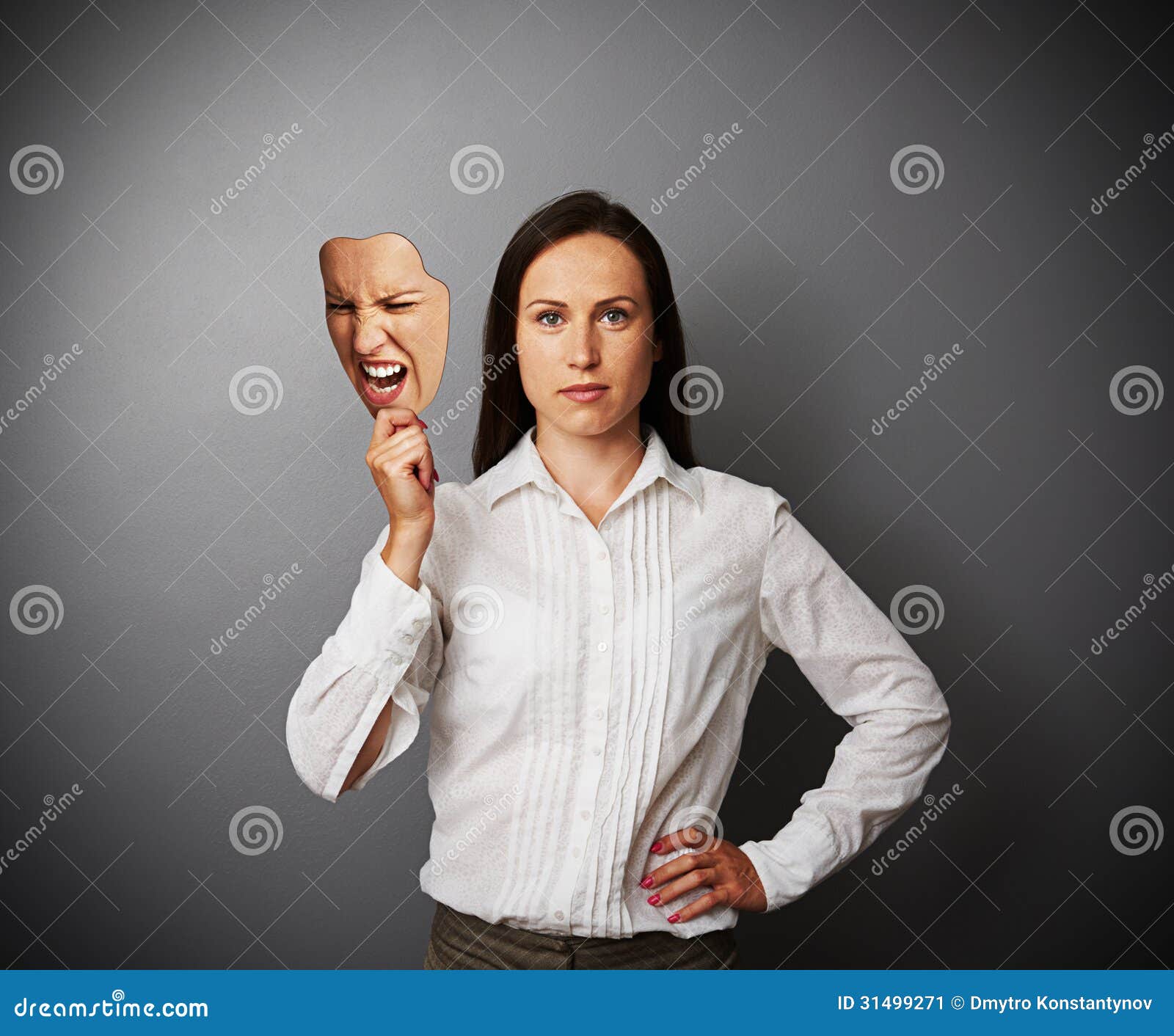 Quiet Woman Holding Aggressive Mask Stock Image - Image of emotional ...
