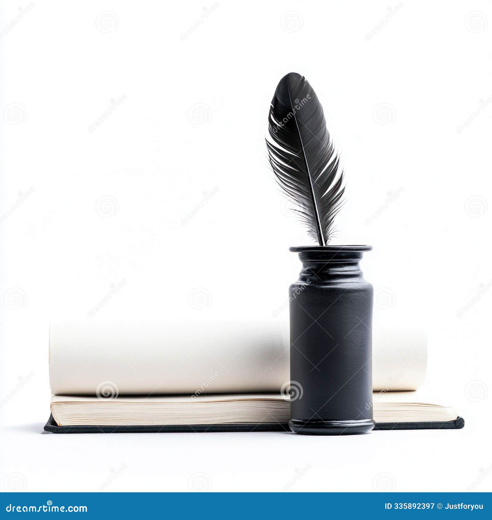 Quill and Ink Bottle with an Open Book on White Background Stock ...