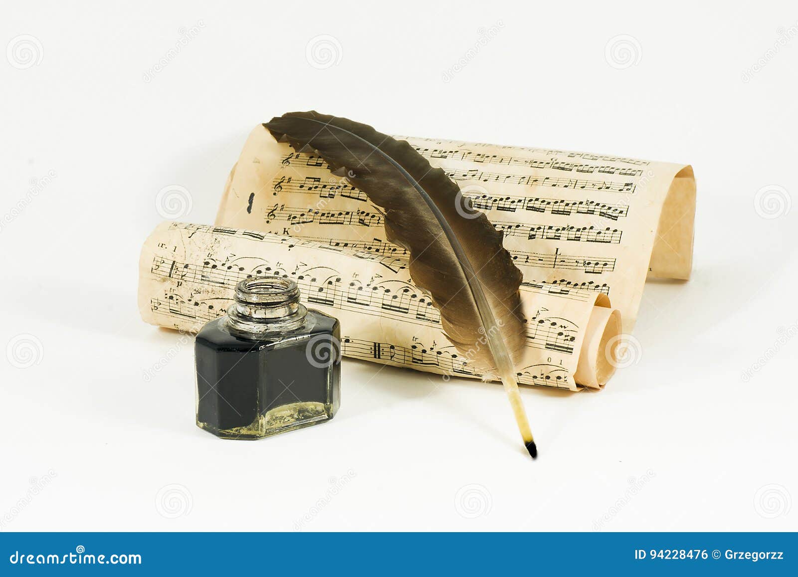 Quill, the Inkwell and the Scroll with Musical Notation Stock Photo ...