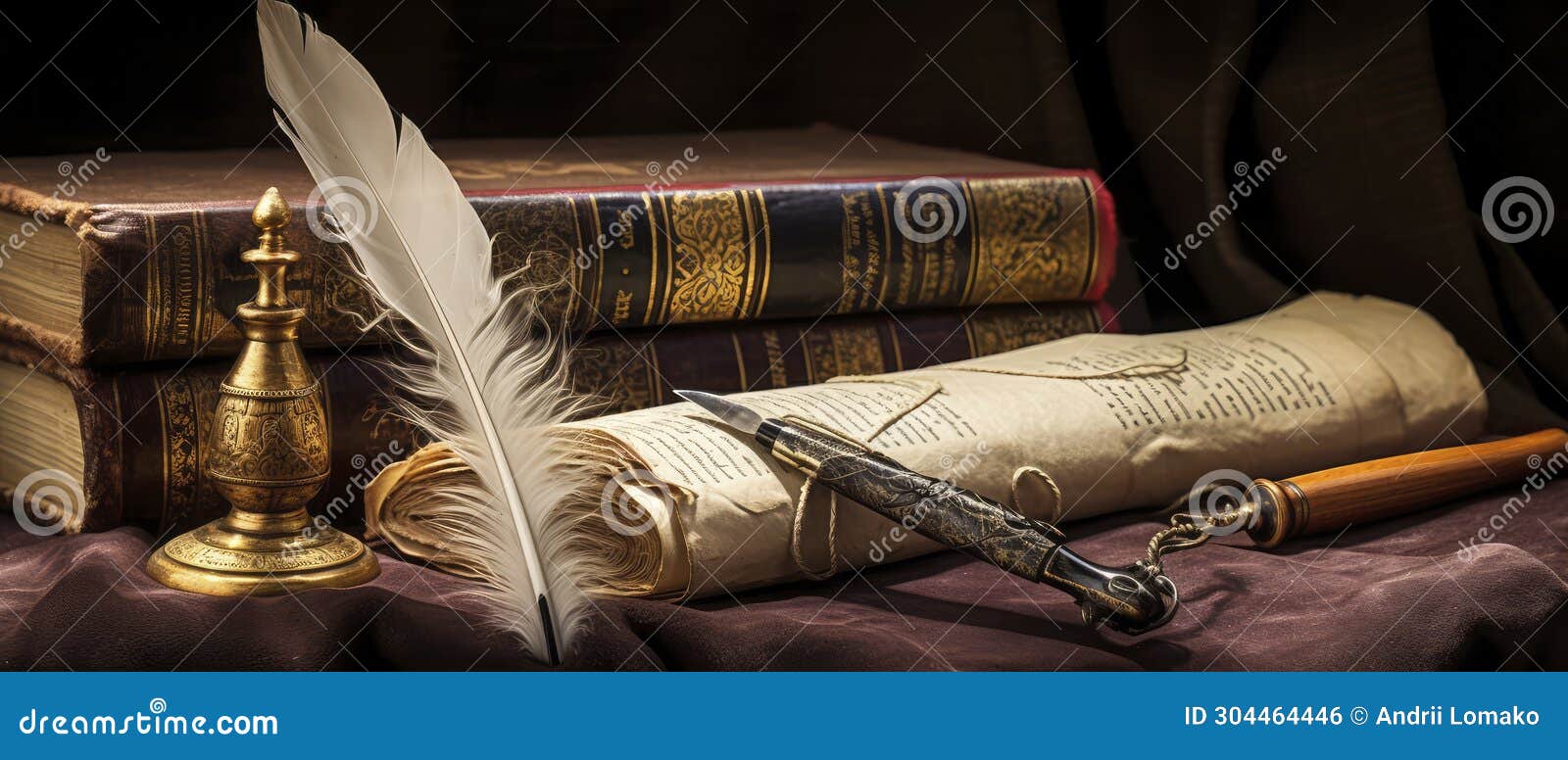 Quill, Pen, and Books on Table, a Study in Traditional Writing Tools ...