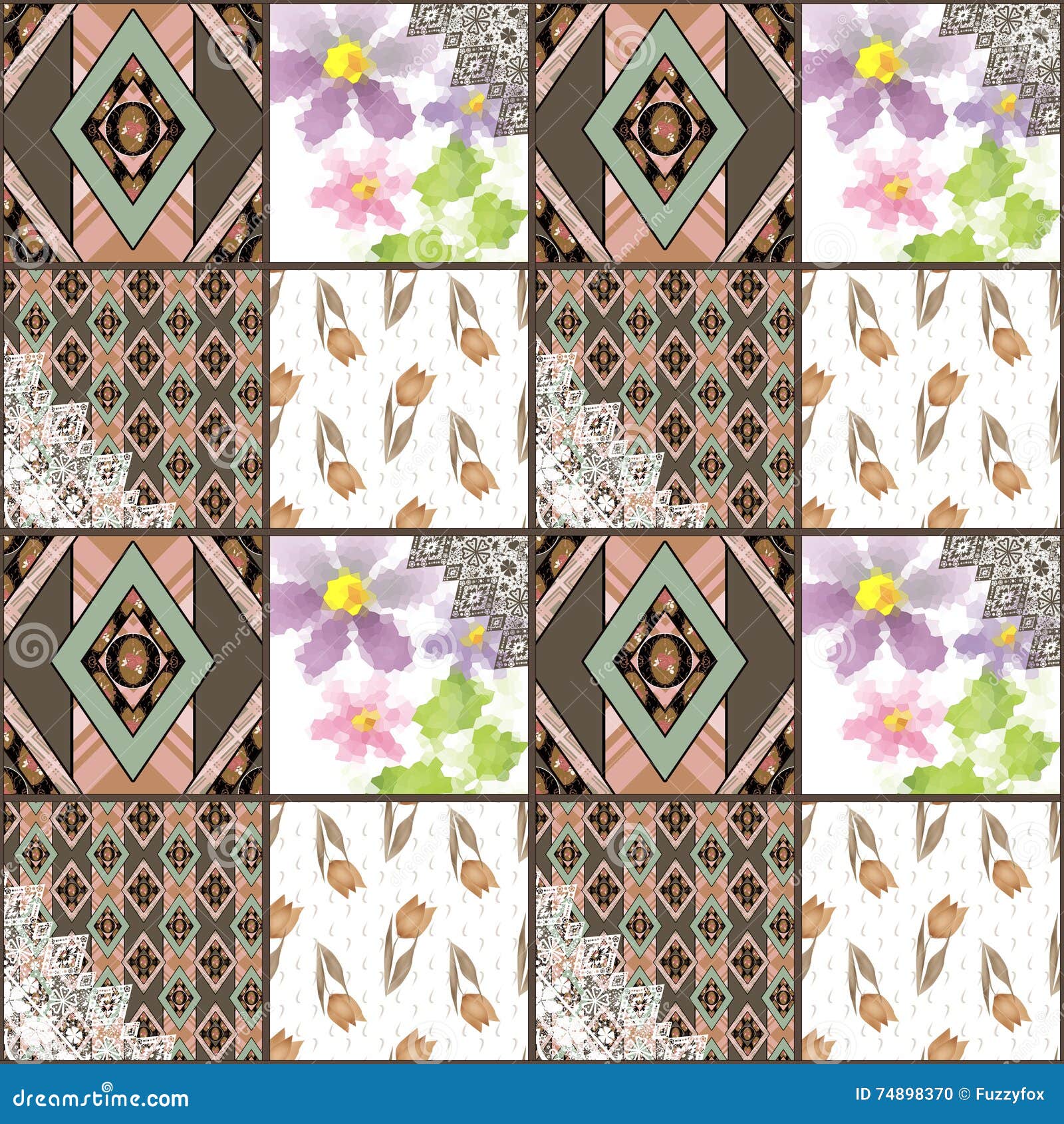 Quilted, Boho Seamless Pattern, Patchwork, Rustic Style. Background ...