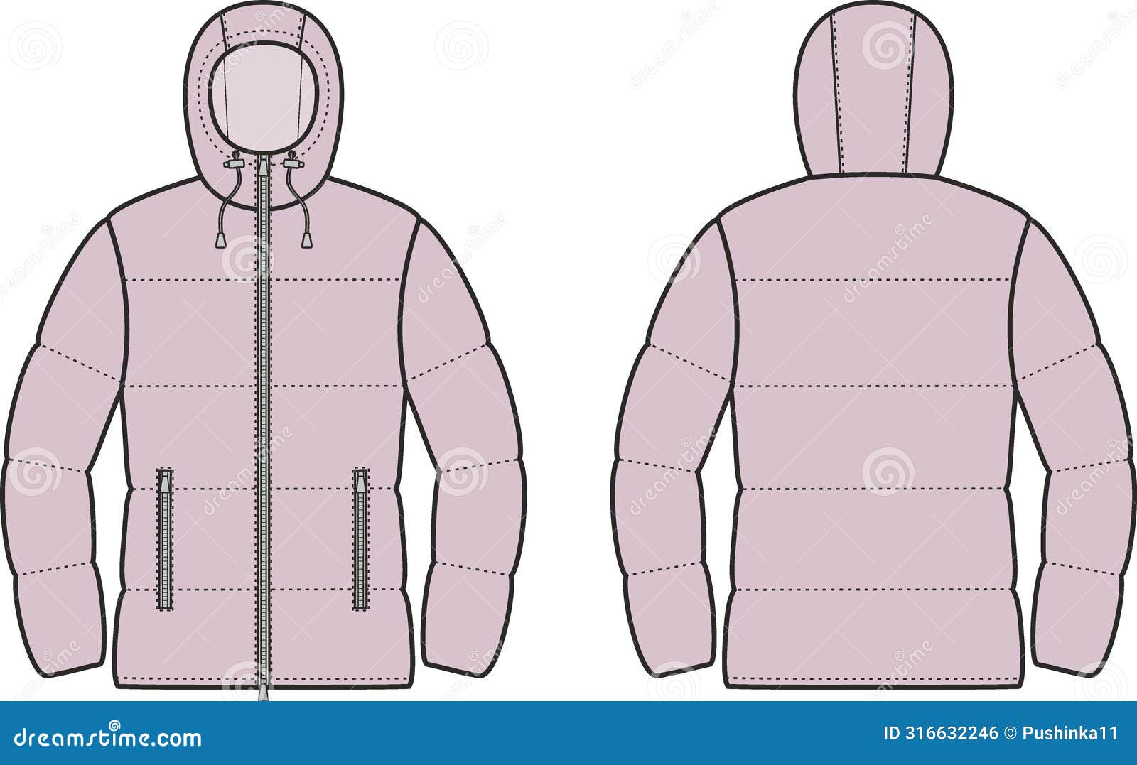 Quilted Down Jacket Flat Sketch. Winter Outerwear Apparel Design. Front ...