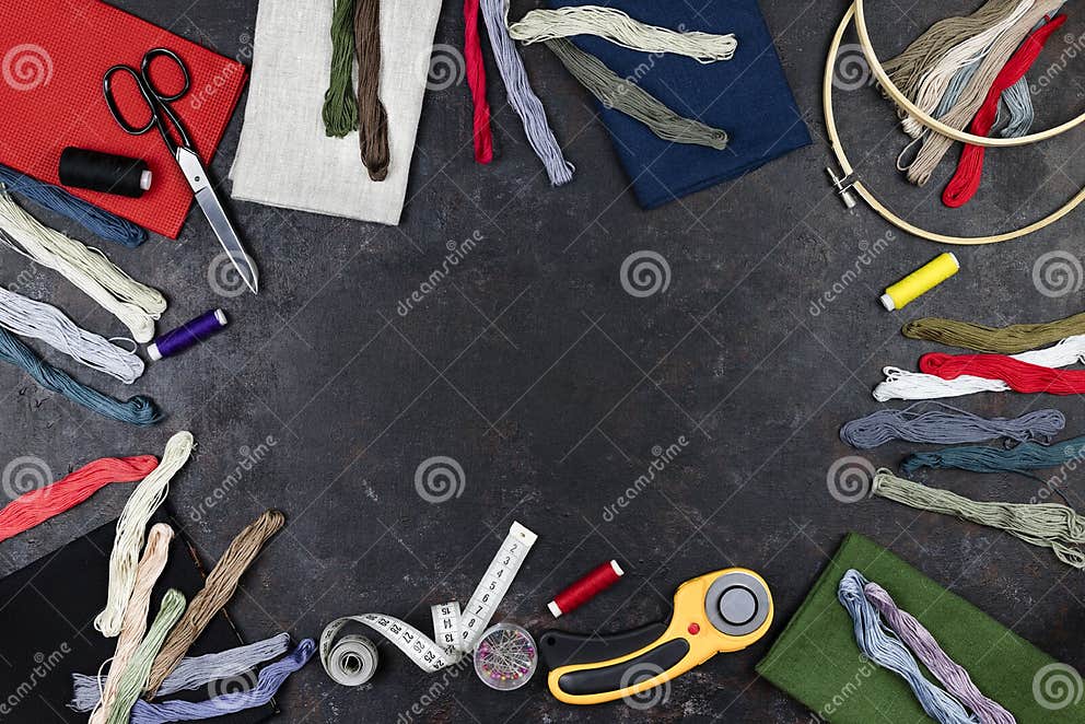 Quilting, Embroidery and Sewing Tools on the Dark Background. Patchwork ...