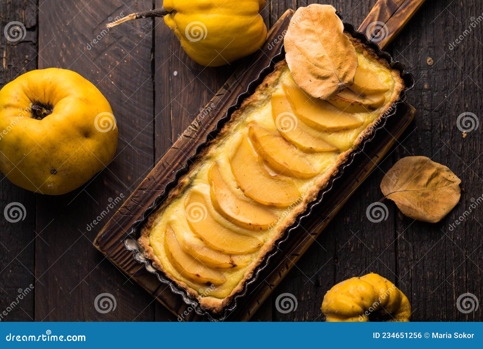 Quince Tart with Custard Open and Shortcrust Pastry and Cinnamon Stock ...