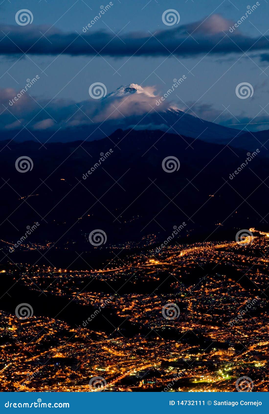 Quito at Night with Cotopaxi Mountain Stock Image - Image of landscape ...