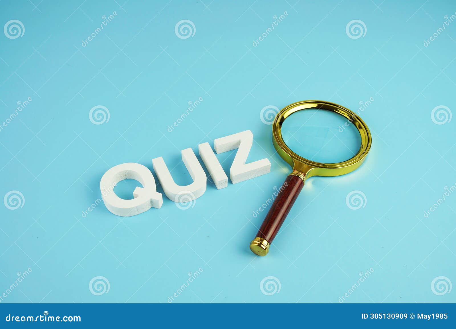 Quiz Alphabet Letters with Magnifying Glass on Blue Background Stock ...