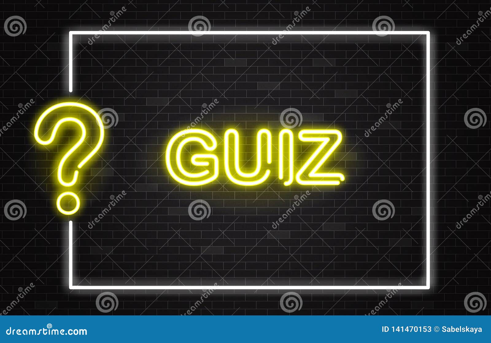 Quiz Banner with Yellow Neon Text and Question Mark in Realistic Style ...