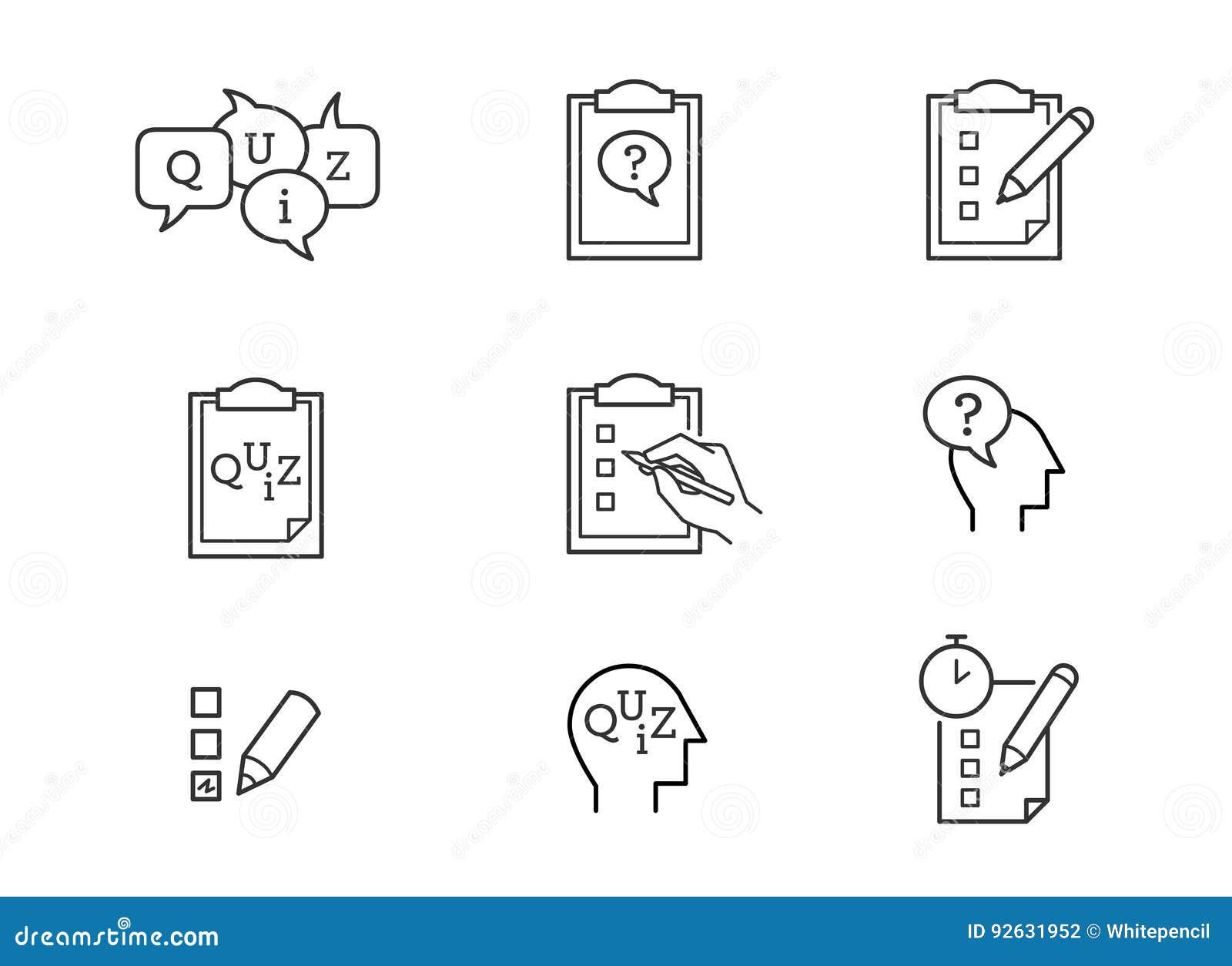 Quiz Icons. Checklist And Human Brain Symbols. Vector Illustration ...