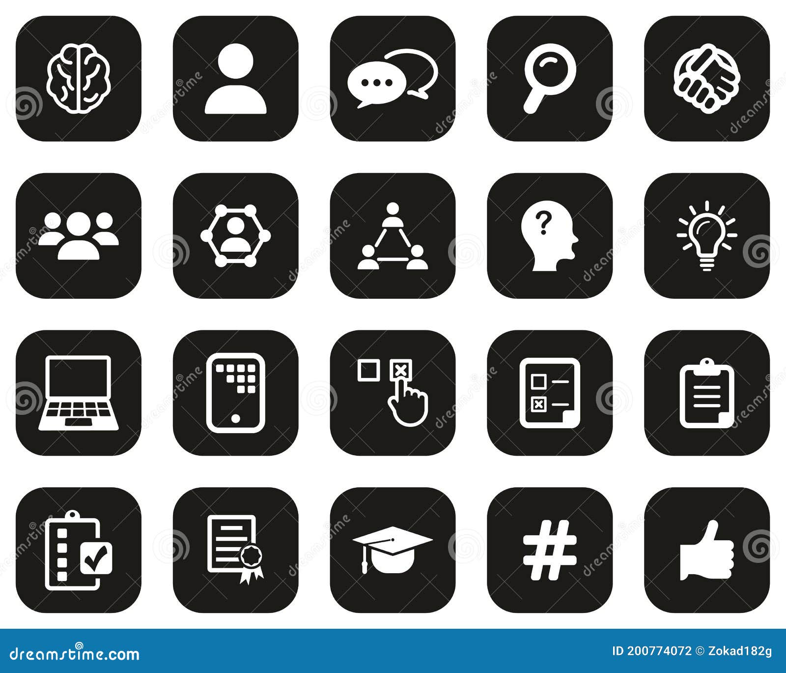 Quiz or Pop Quiz Icons White on Black Flat Design Set Big Stock Vector ...