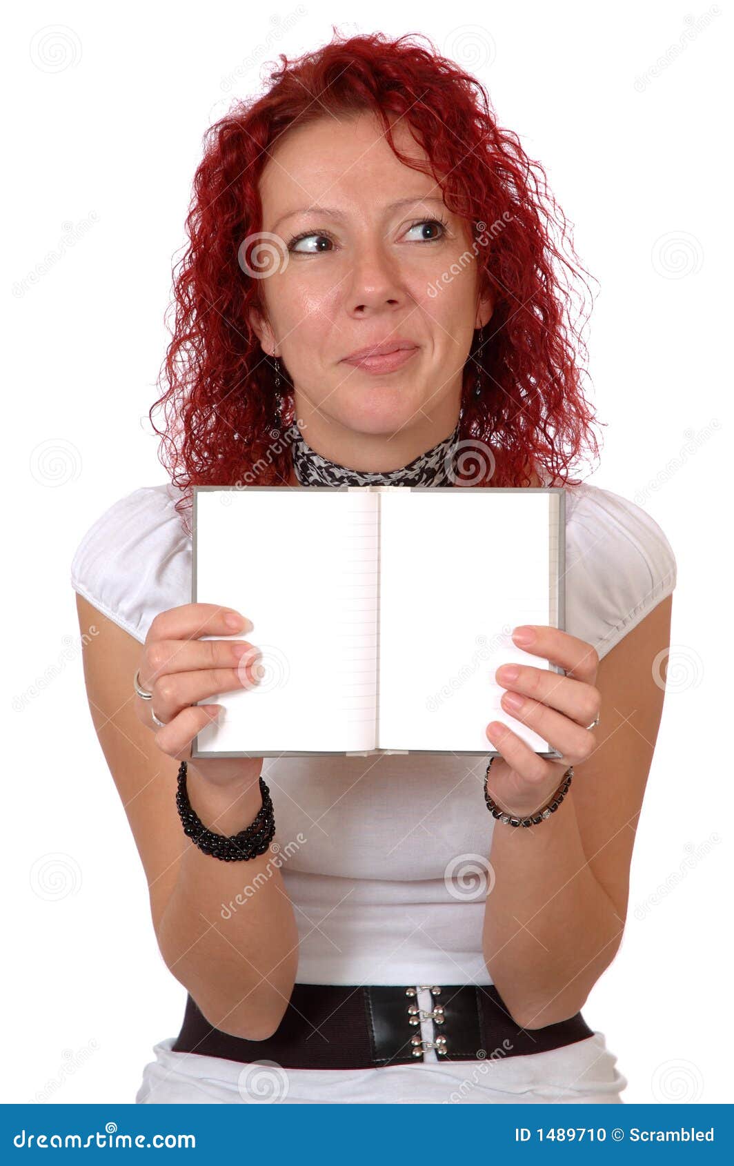 Quizzical Woman with Notebook Stock Photo - Image of advertise ...