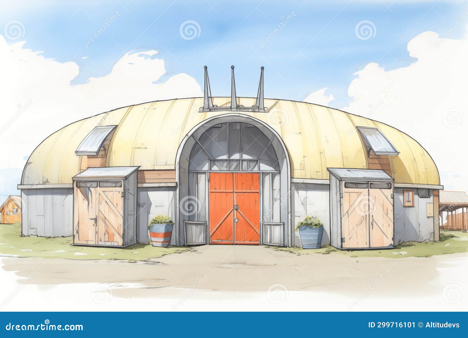 Quonset Hut with Rustic Doors in the Foreground Stock Image - Image of ...
