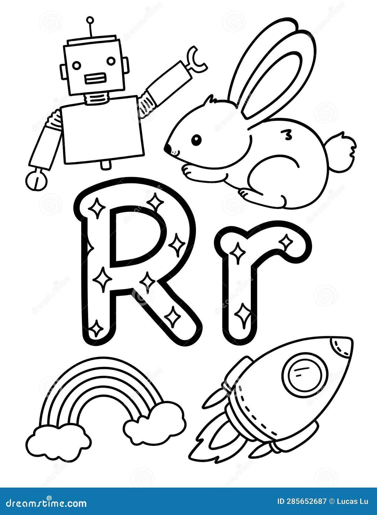 Alphabet R Coloring Page with Cute Object Like Robot Stock Illustration ...