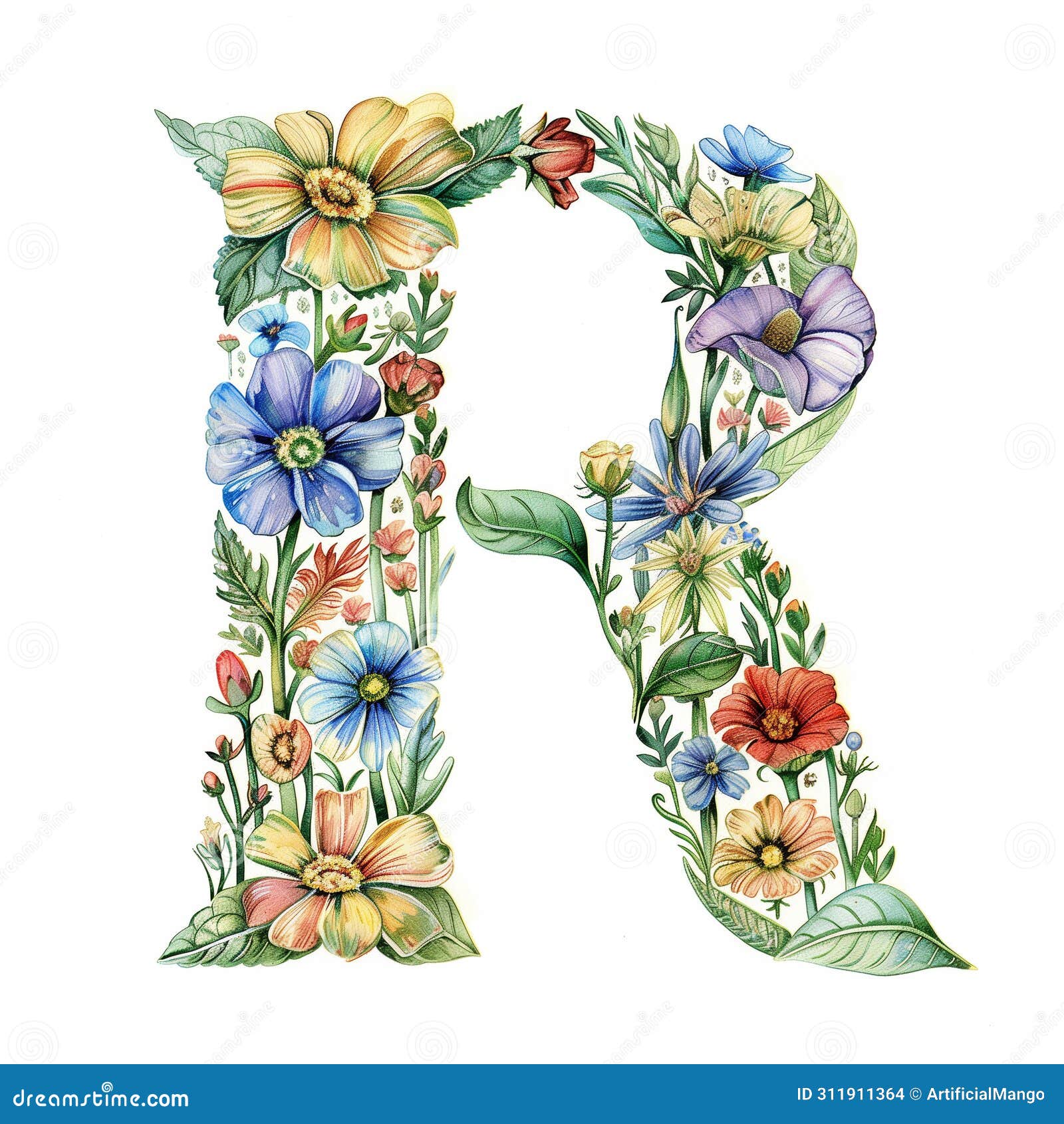 R Letter with Summer Flowers. AI Generated. Stock Illustration ...