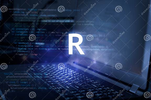 R Programming Language Inscription Against Laptop and Code Background ...
