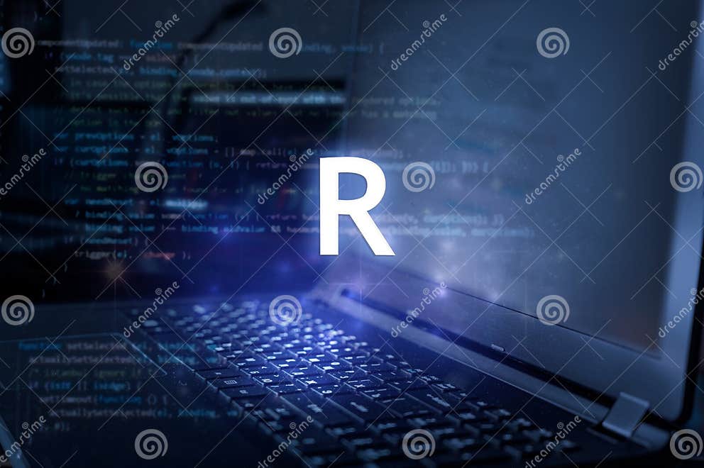 R Programming Language Inscription Against Laptop and Code Background ...