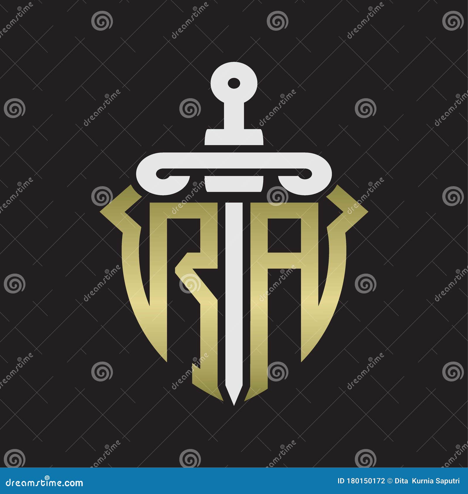 RA Logo Monogram with Sword and Shield Combination Isolated with Gold ...