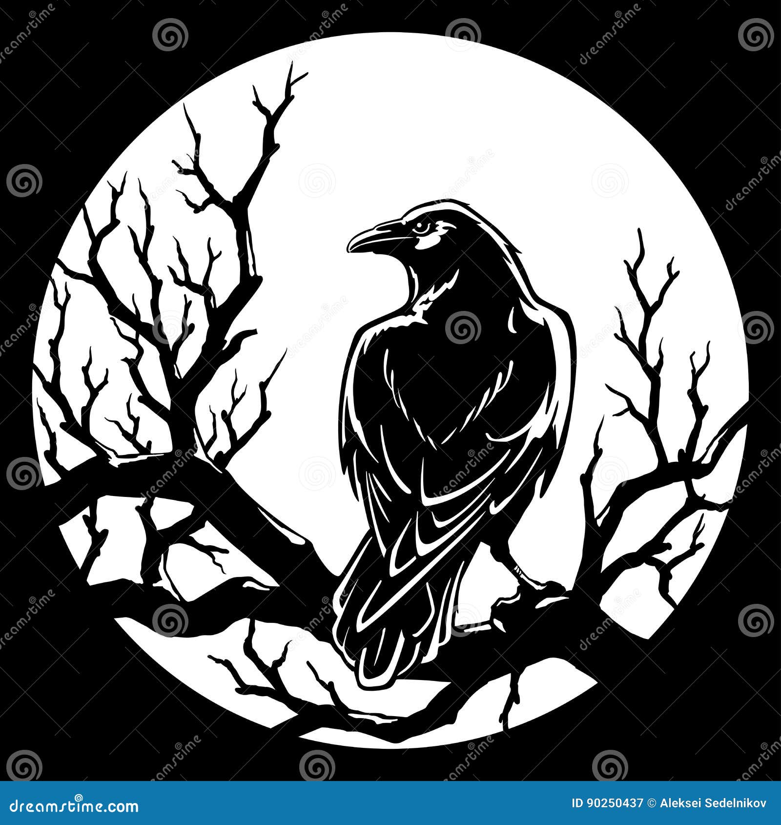 Raaf Op Tak Tegen De Maan Vectorillustratie Vector Illustratie ...