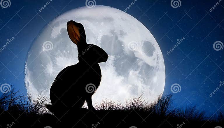Rabbit Against the Backdrop of a Full Moon Stock Illustration ...