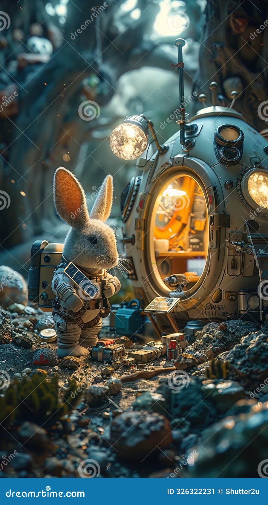 A Rabbit Astronaut Building a Small Moon Base Assembling Modules and ...
