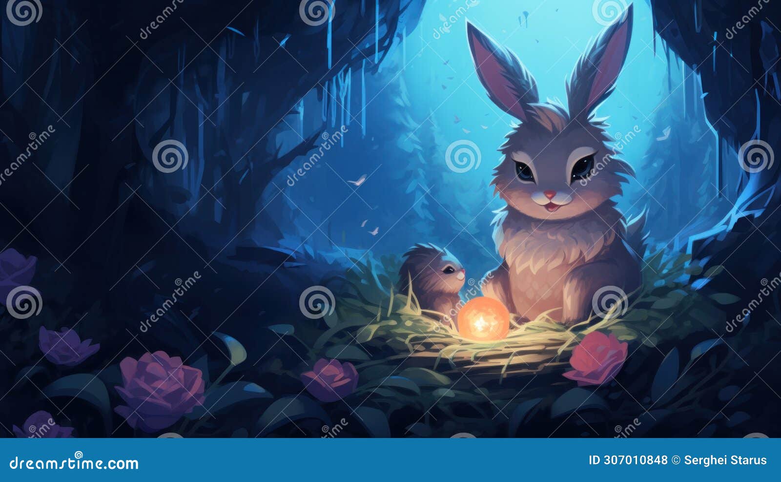 A Rabbit and a Baby Bunny Sitting in the Woods, AI Stock Illustration ...