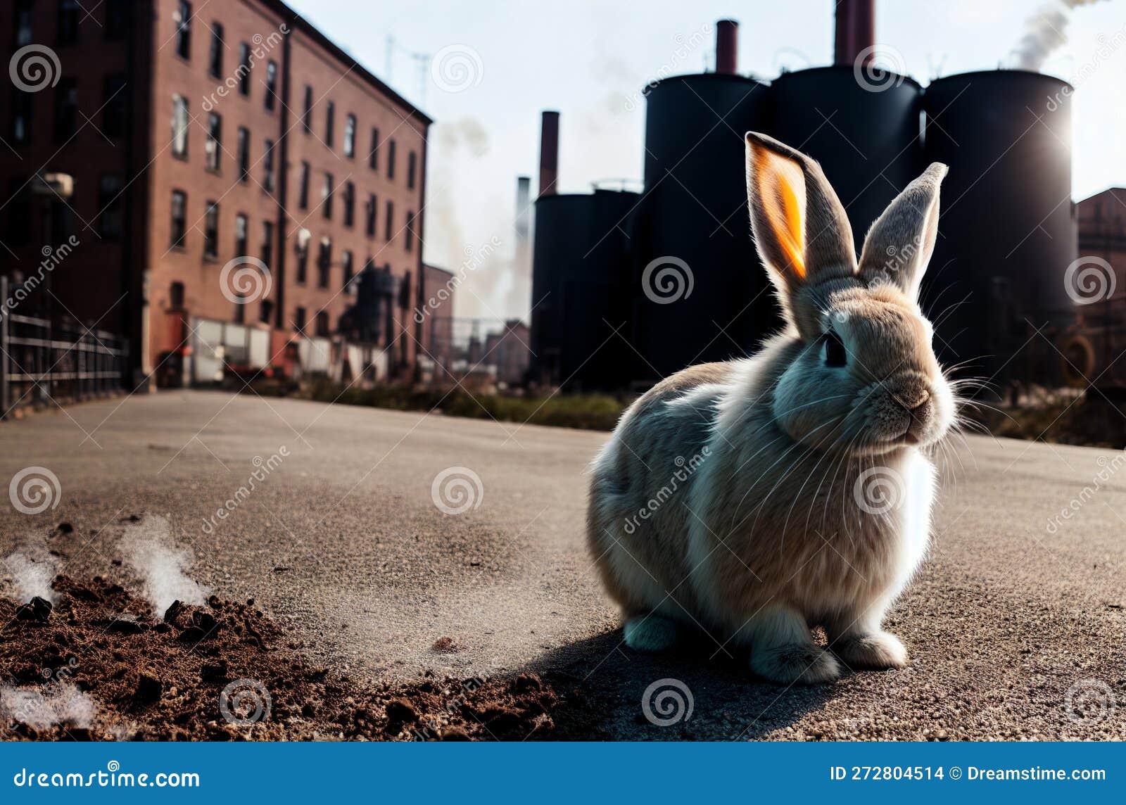 Rabbit on Background of Polluting Industry. Poor Bunny on Walk with ...