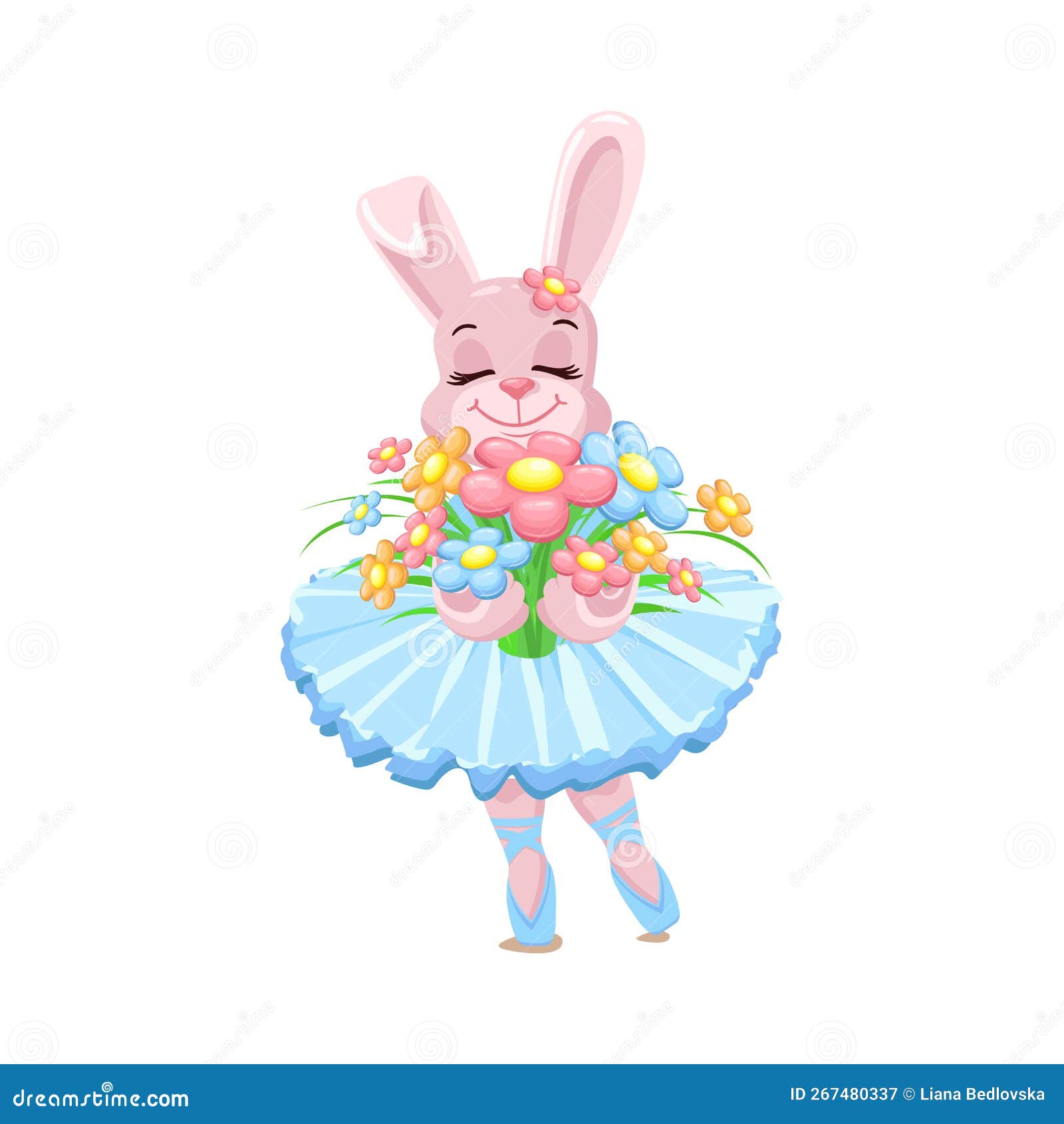 Cute Pink Bunny Girl in a Blue Tutu with a Bouquet of Flowers Stock ...
