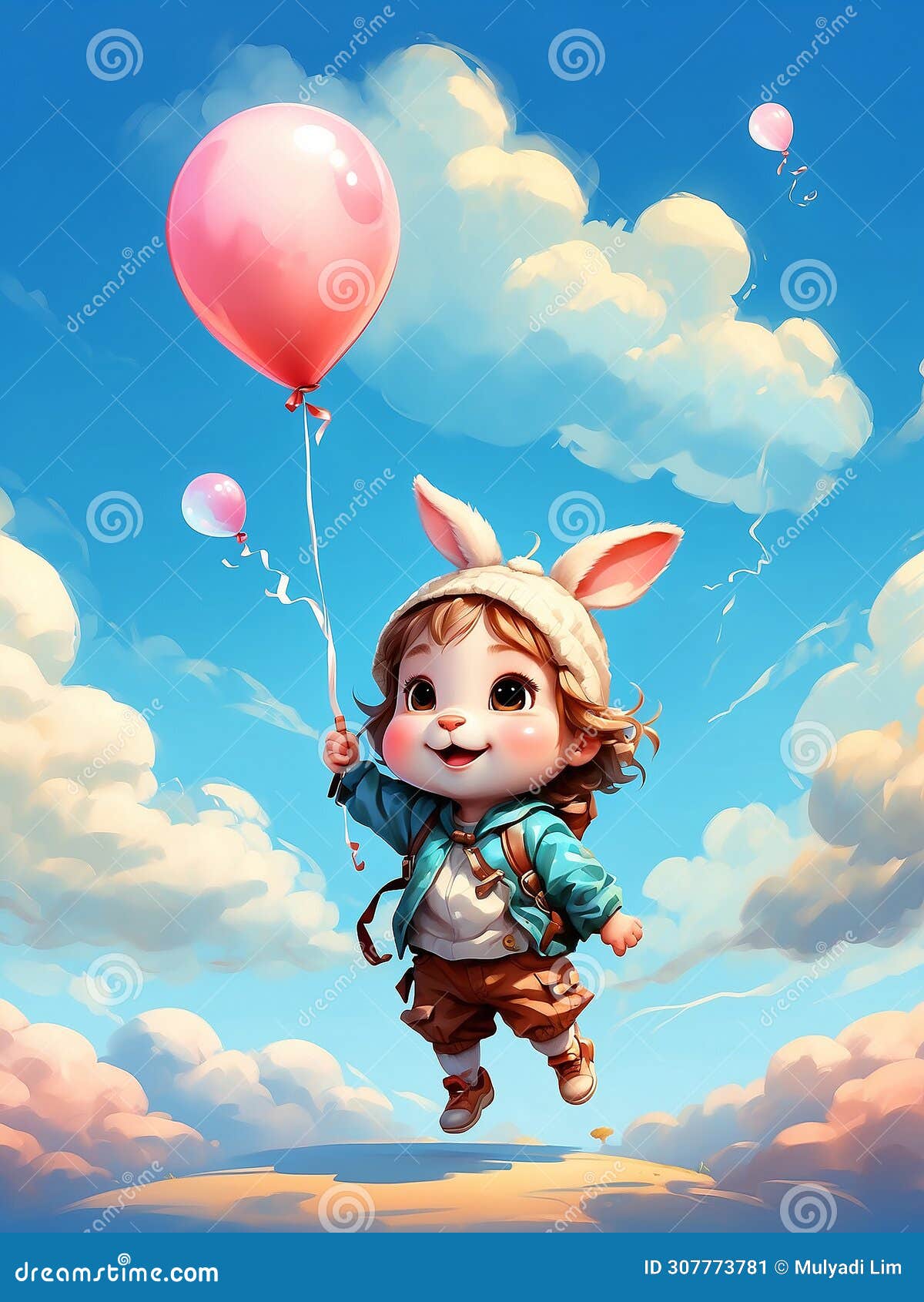 Rabbit with Balloons Flying in the Blue Sky. Stock Image - Image of ...