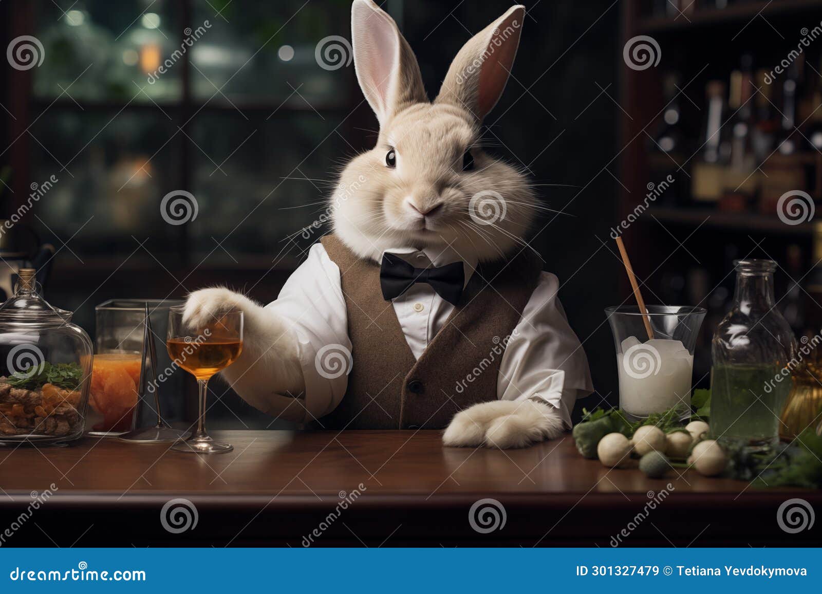Rabbit Barman in a Bar with a Cocktail. Anthropomorphic Animals Concept ...