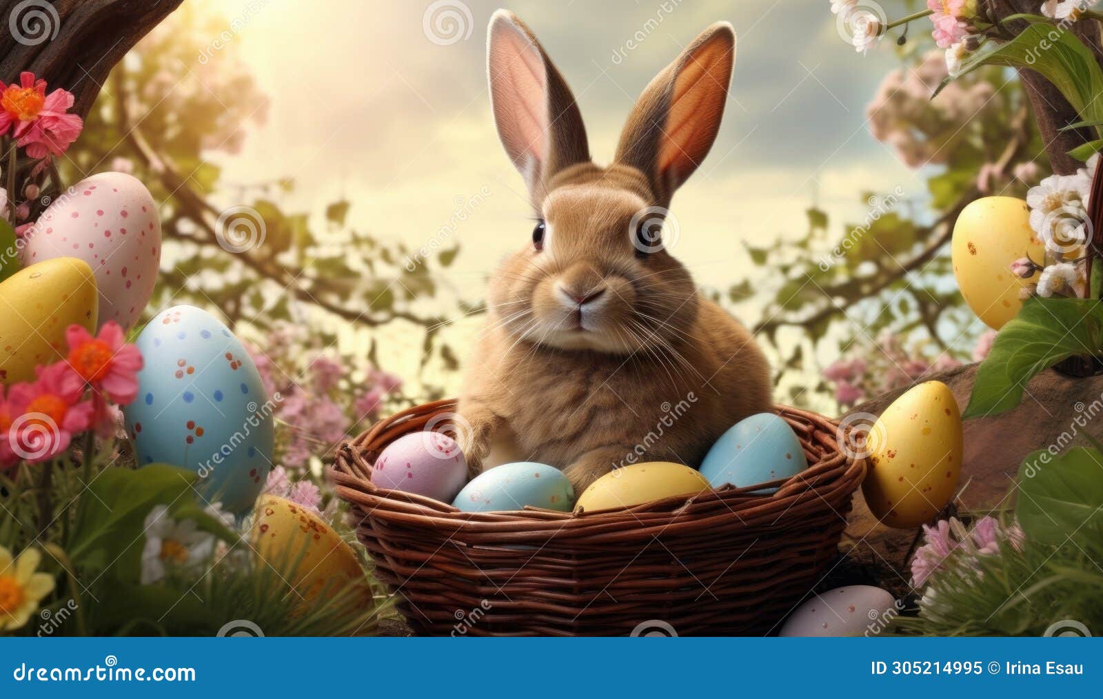 Rabbit in Basket with Colorful Easter Eggs Stock Image - Image of ...