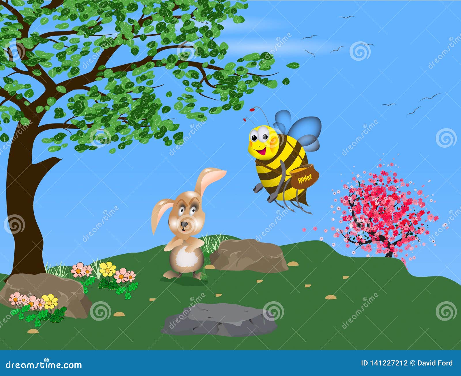 Rabbit and a Bee with a Pot of Honey Stock Illustration - Illustration ...