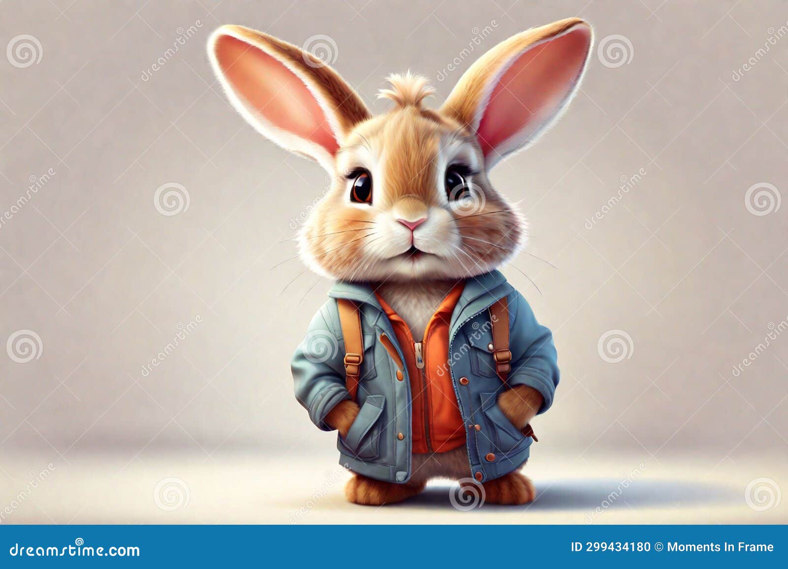 Rabbit in a Blue Jacket and Backpack on a Gray Background Stock ...