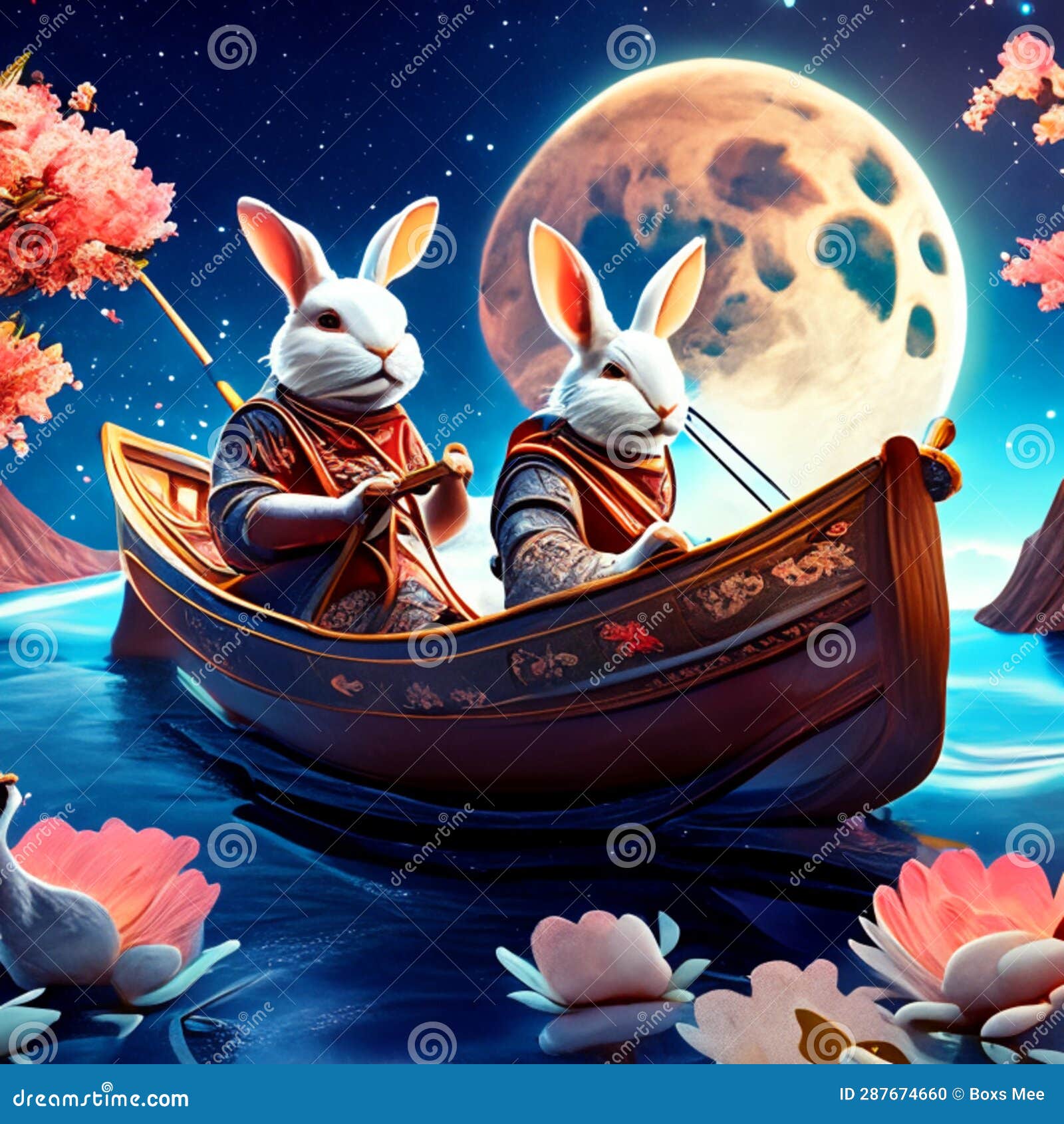 Rabbit in a Boat on the Background of the Moon. 3d Rendering AI ...