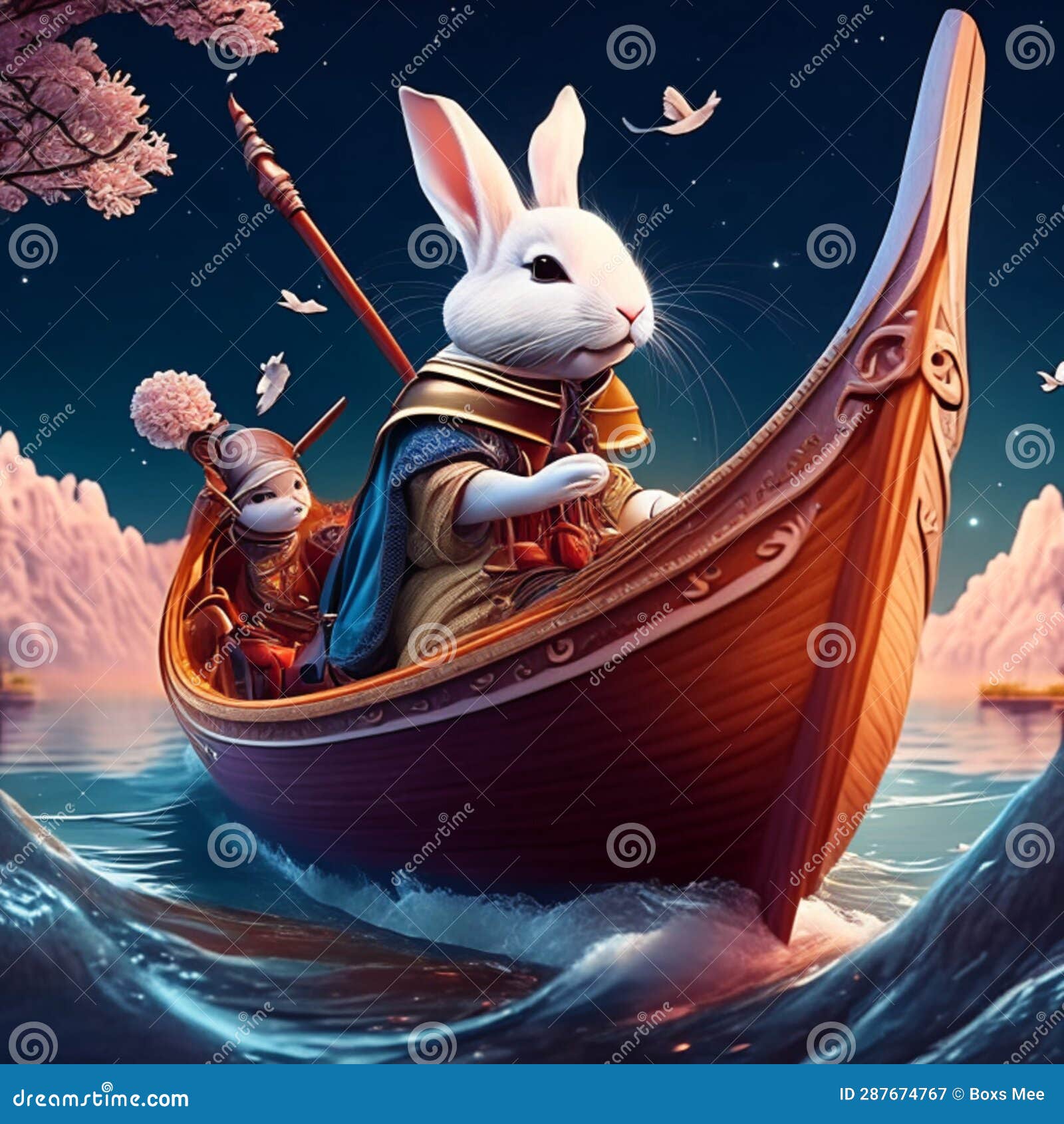 Rabbit in the Boat, 3d Rendering. Computer Digital Drawing Stock ...