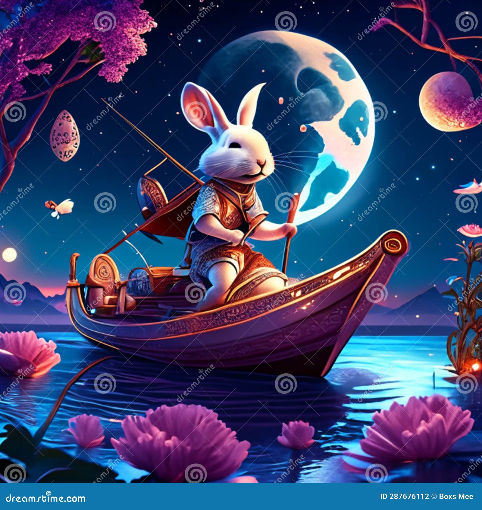 Rabbit on a Boat in the Moonlight. 3d Rendering AI Generated Stock ...