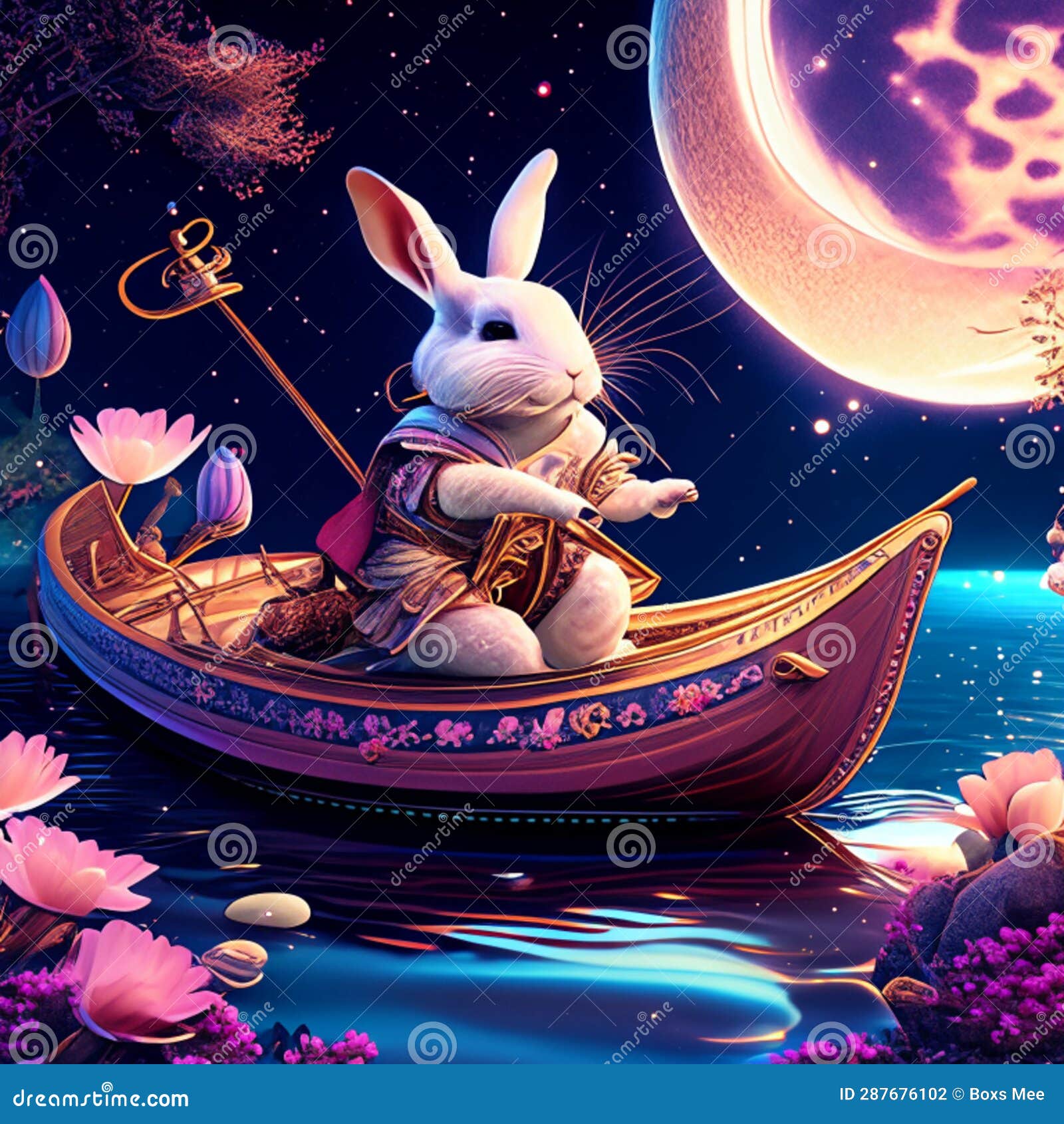 Rabbit on a Boat in the Moonlight. 3d Rendering Generative AI Stock ...