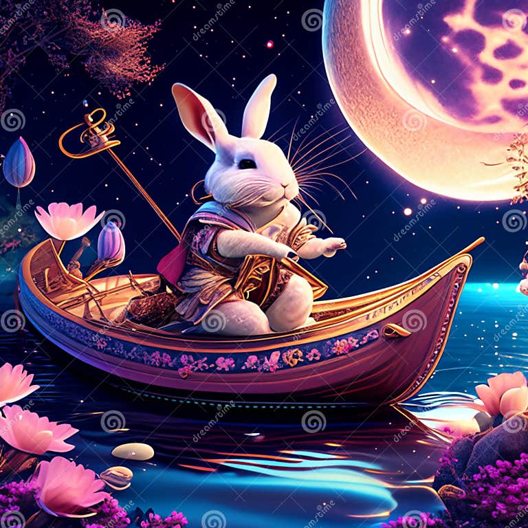 Rabbit on a Boat in the Moonlight. 3d Rendering Generative AI Stock ...