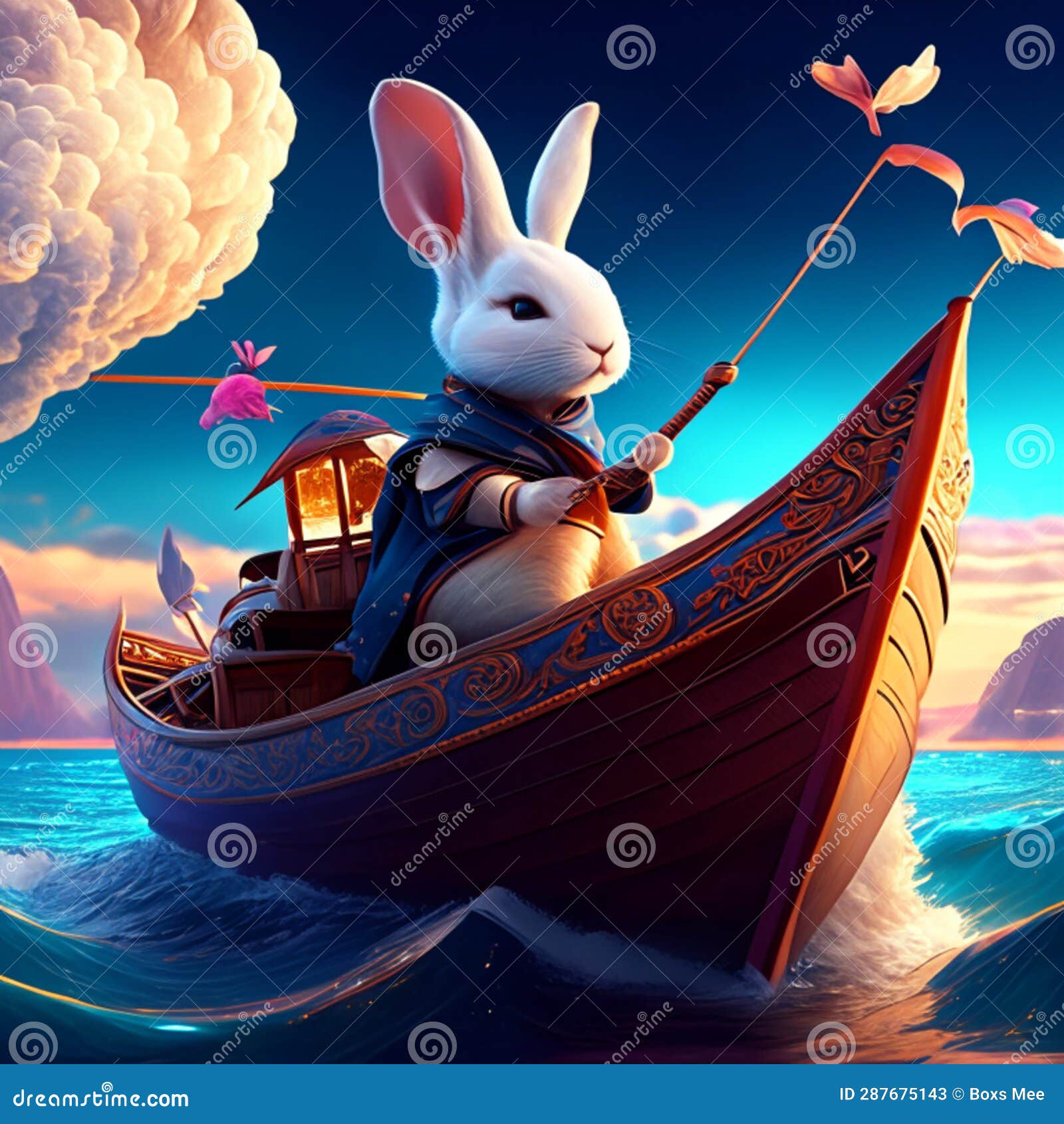 Rabbit in Boat on the Ocean. 3d Rendering Illustration Stock Image ...