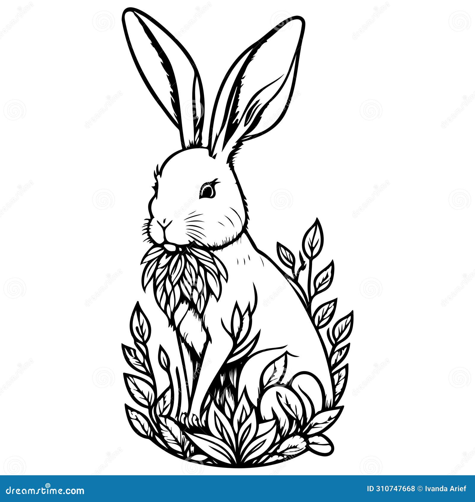 Rabbit Brave with Floral Spring Illustration Sketch Hand Draw Stock ...