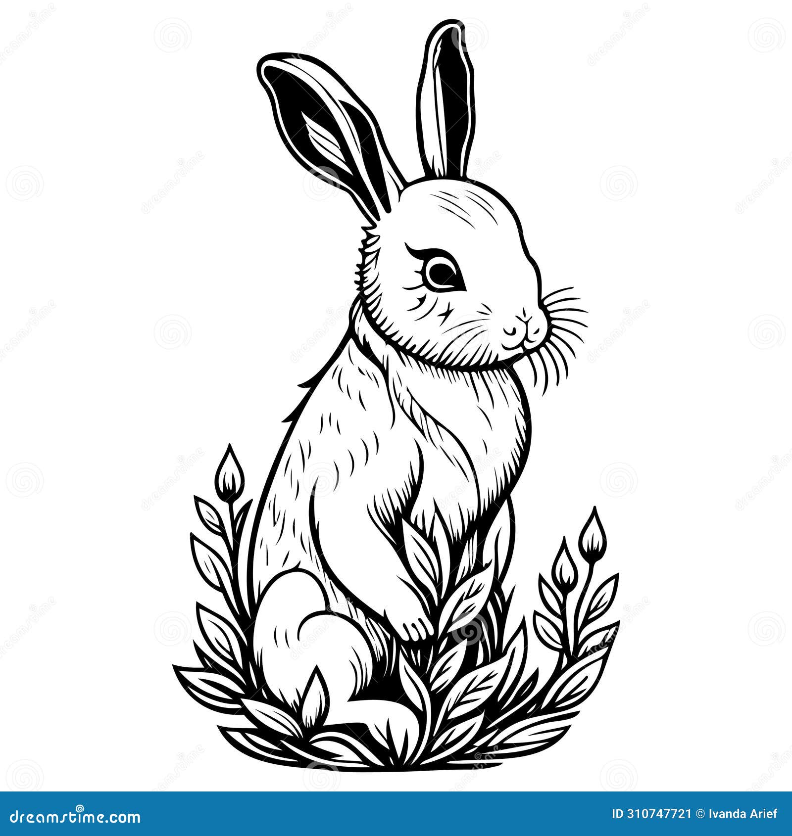 Rabbit Brave with Floral Spring Illustration Sketch Hand Draw Stock ...