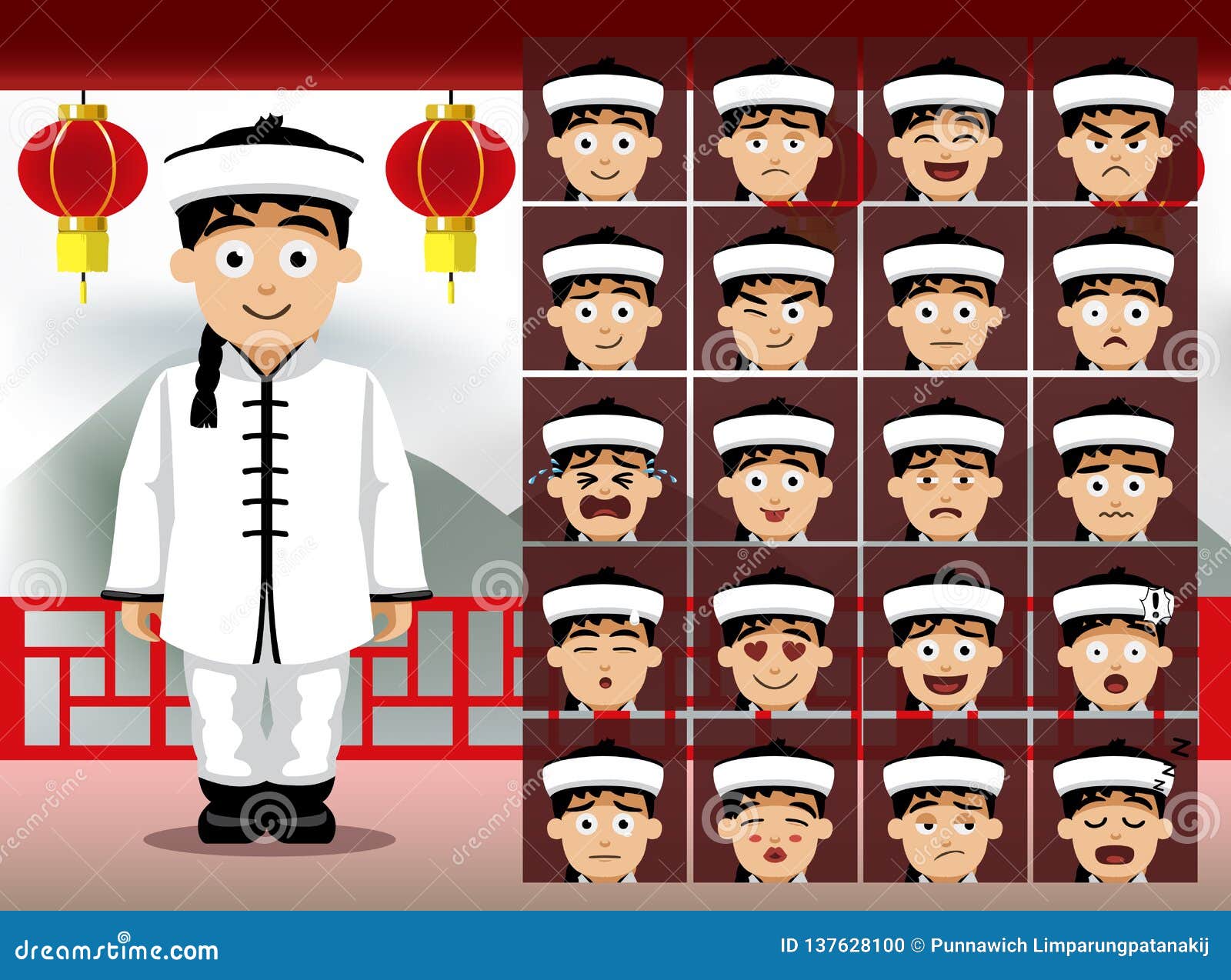 Chinese White Costume Boy Cartoon Emotion Faces Vector Illustration ...