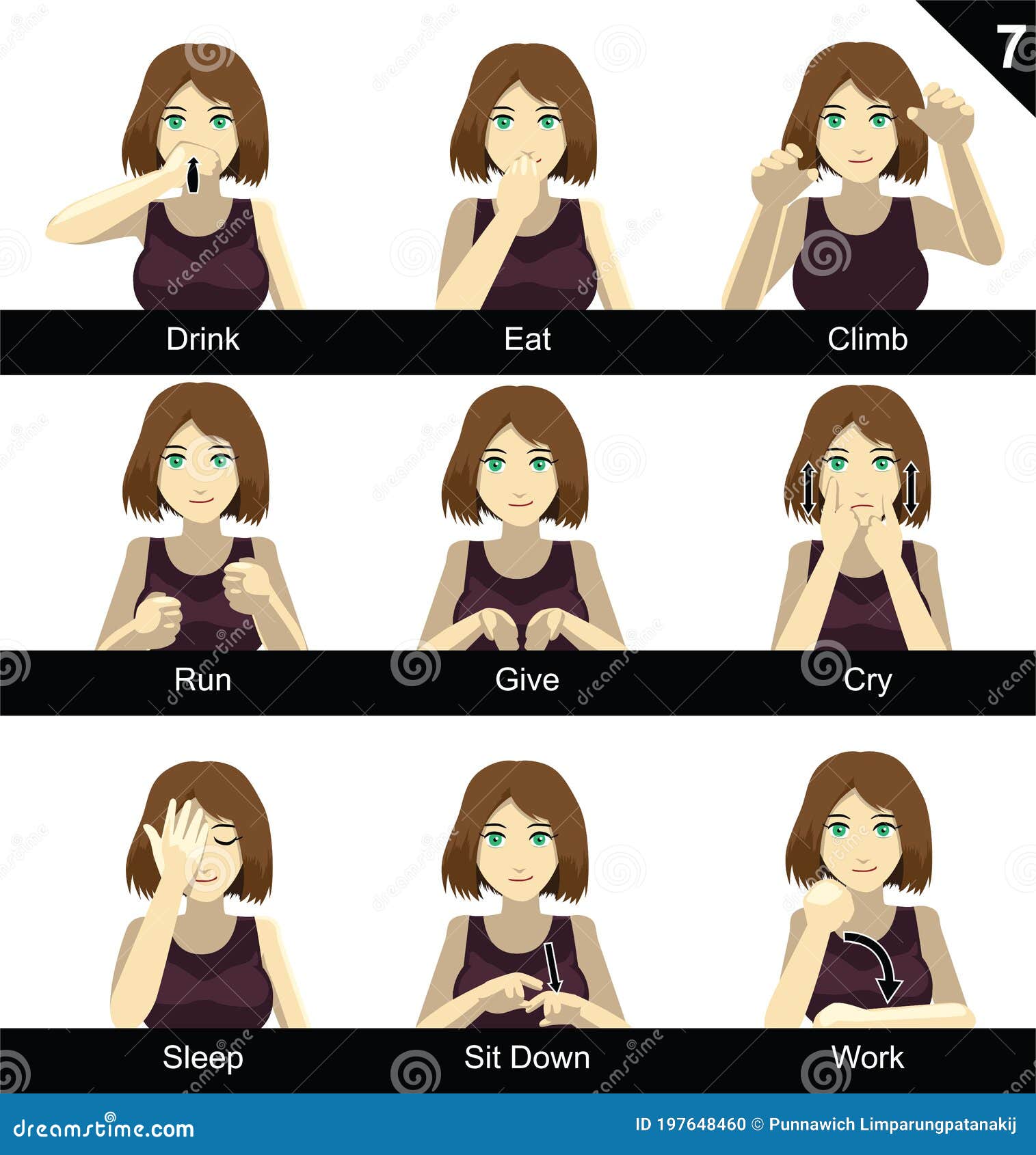 Manga Style Sign Language Set 7 Actions Stock Vector - Illustration of ...