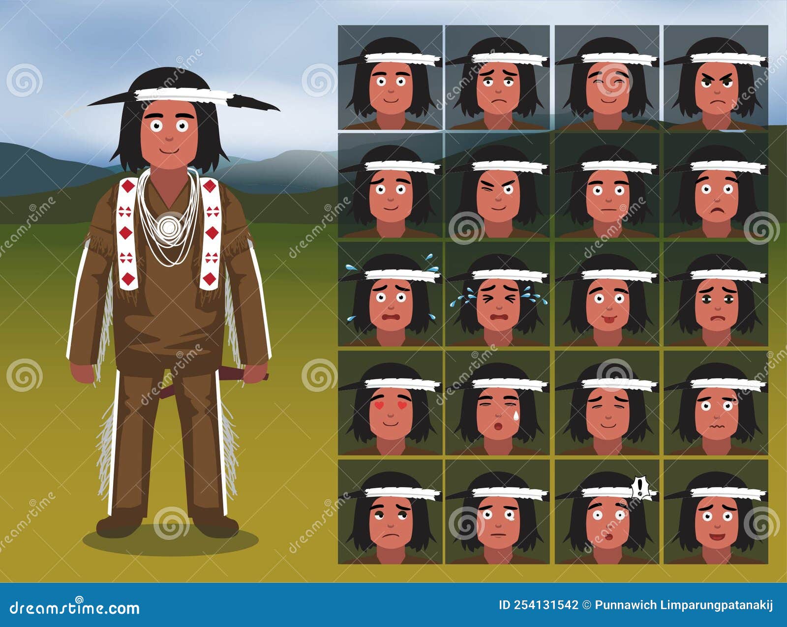 Native American Ojibwe Chippewa Cartoon Emotion Faces Vector ...
